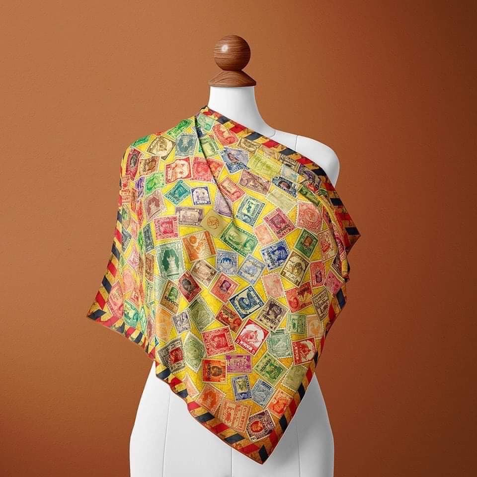 FABRIX - Silk Scarf Burmese Stamps - (ပိုး ပု ဝါ မြန် မာ တံ ဆိပ် ခေါင ...